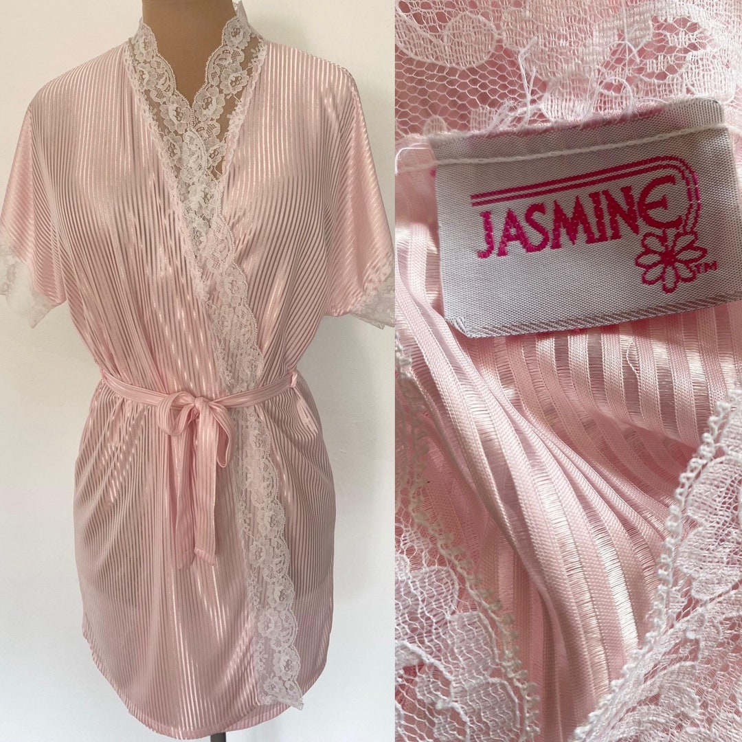 SALE Vintage 80s Satin Striped Bathrobe large JASMINE Pink Short Sheer ...