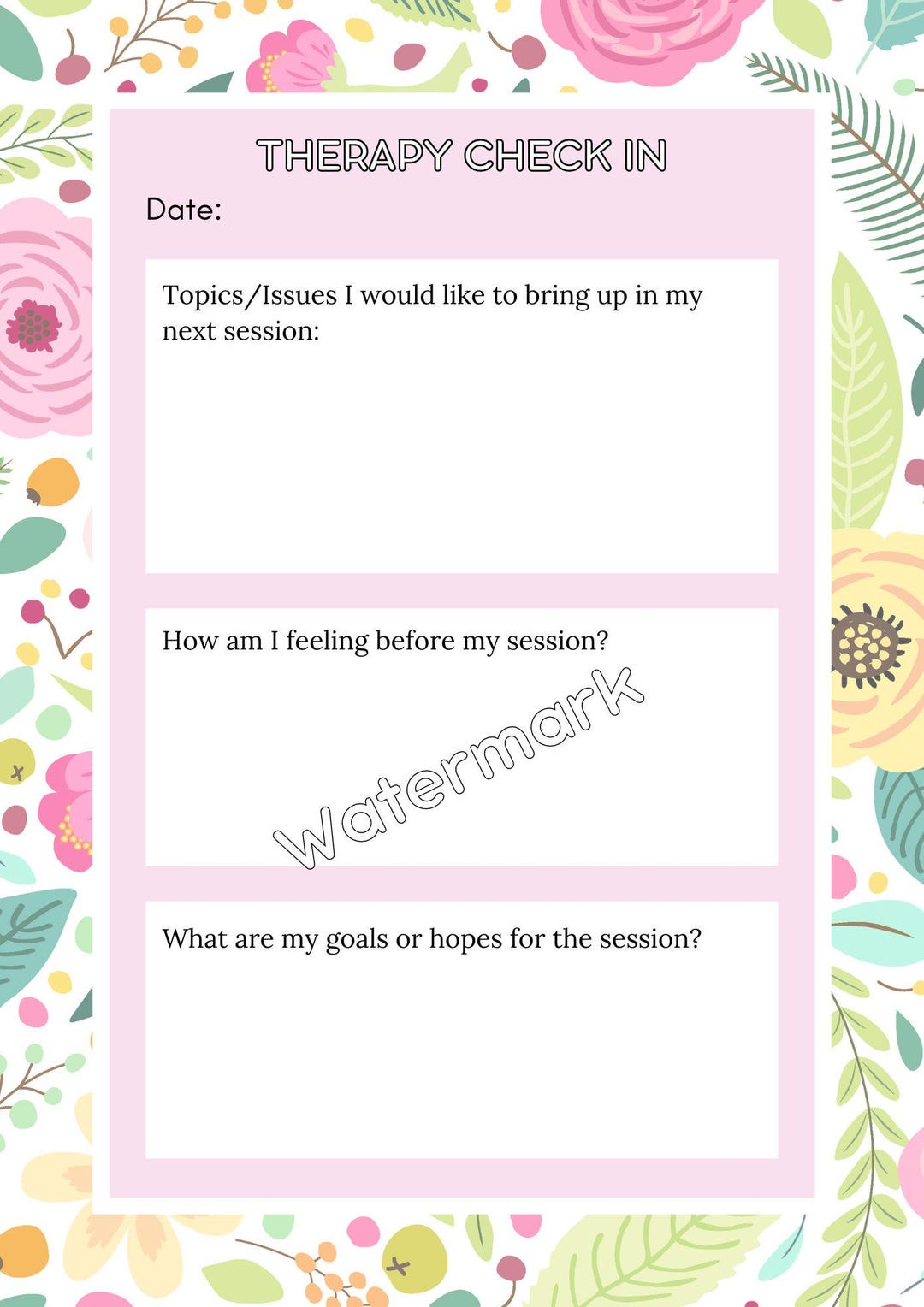 Therapy Check in Worksheet | Instant Printable PDF Download | Mental ...
