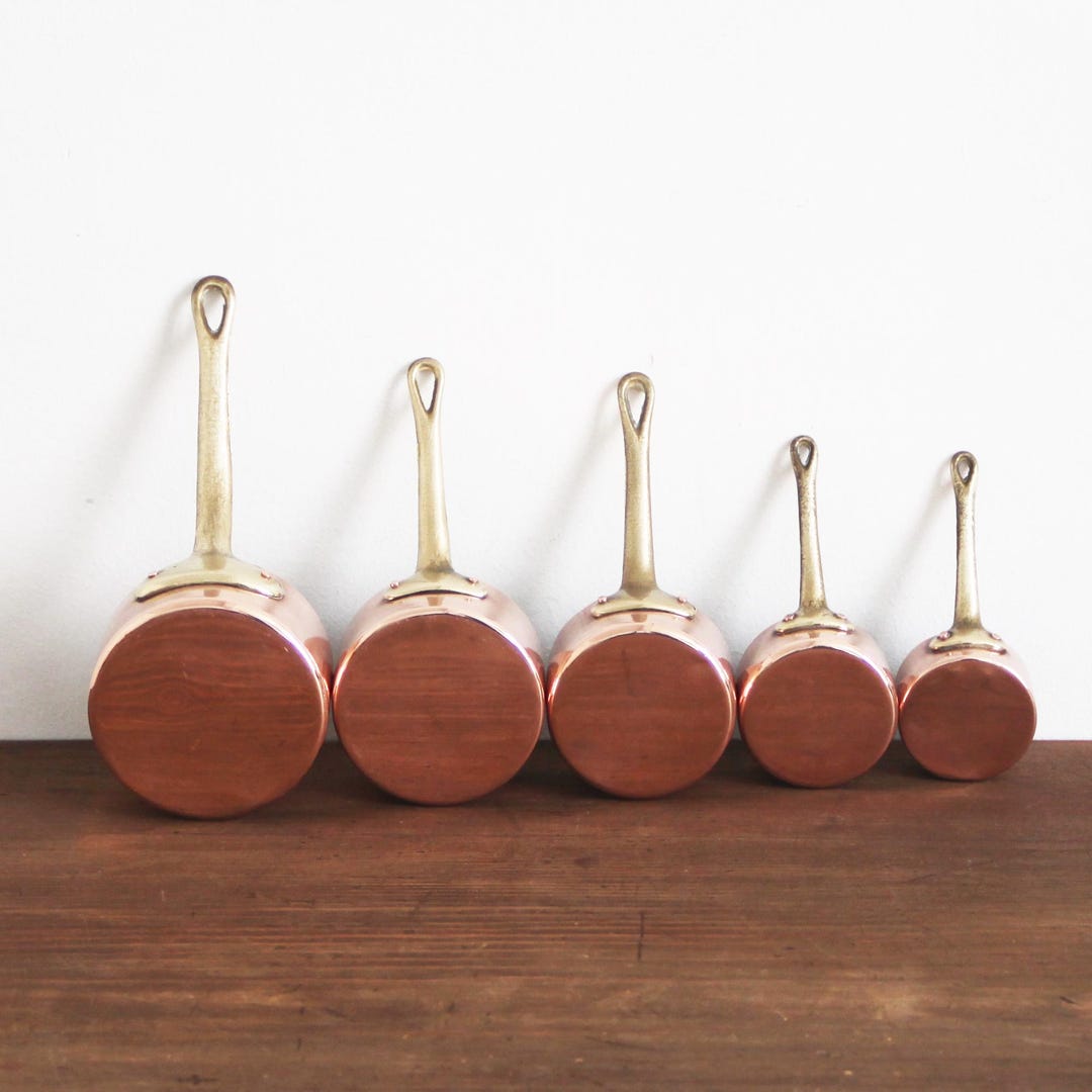 Vintage French Copper Mini Pots Pans Saucepans With Brass Handles Set ...