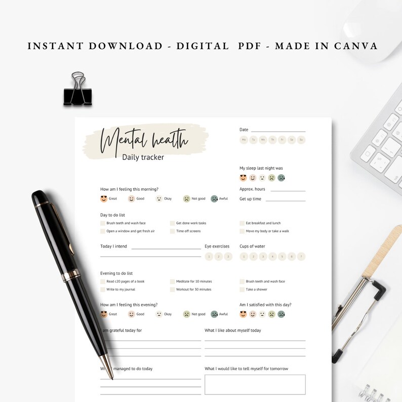 White Mental Health Daily Tracker, Clean Design, Wellness Planner, Self ...
