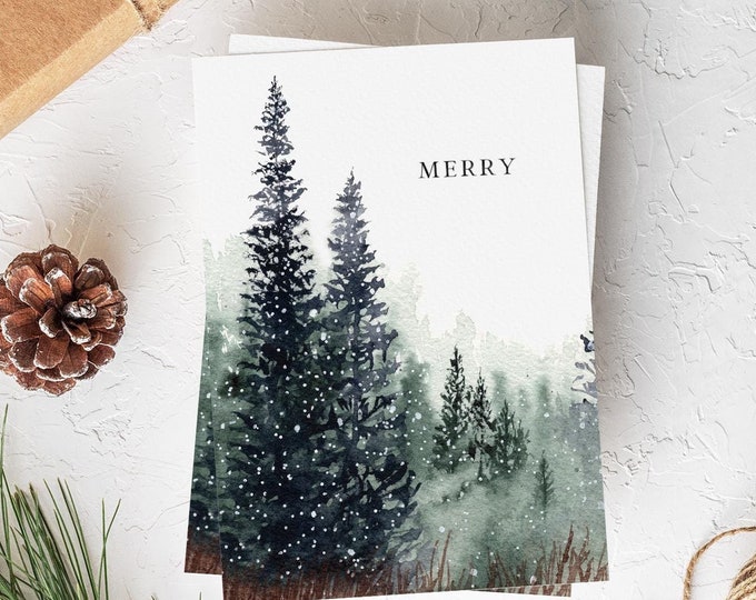 Merry Misty Evergreen Card Set - Watercolor Christmas Cards - Nature ...