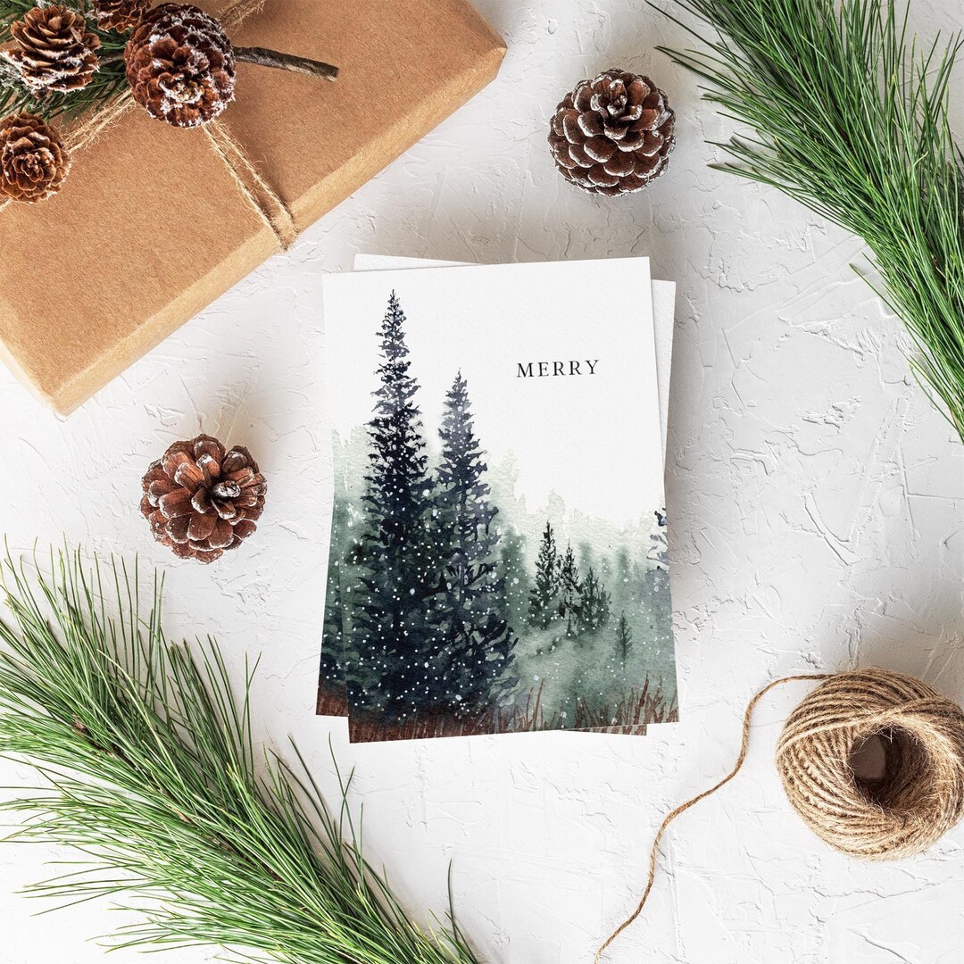 Merry Misty Evergreen Card Set - Watercolor Christmas Cards - Nature ...