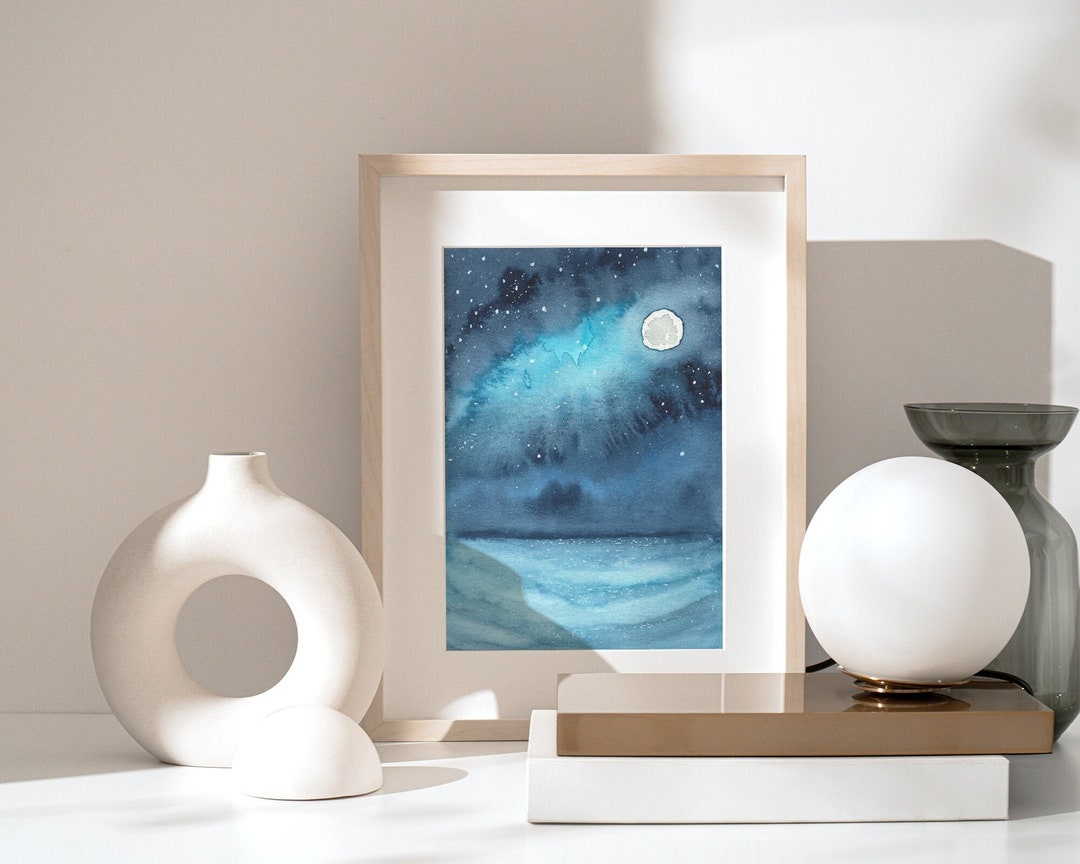 Full Moon Over Water Art Print Coastal Night Sky Watercolor Seascape ...