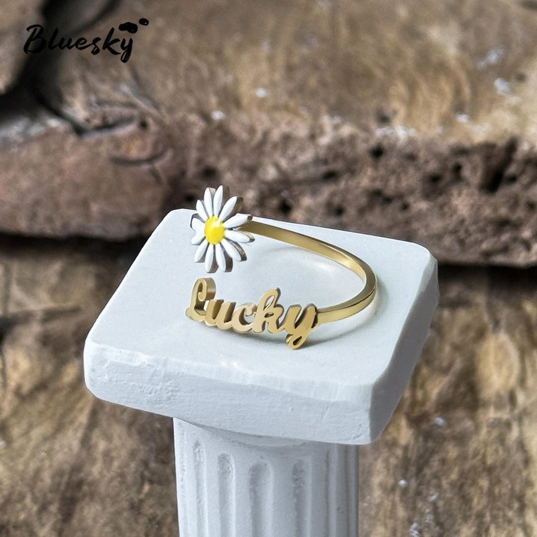 Dainty Daisy Adjustable Ring, Custom Engraved Name Ring, Custom Ring ...