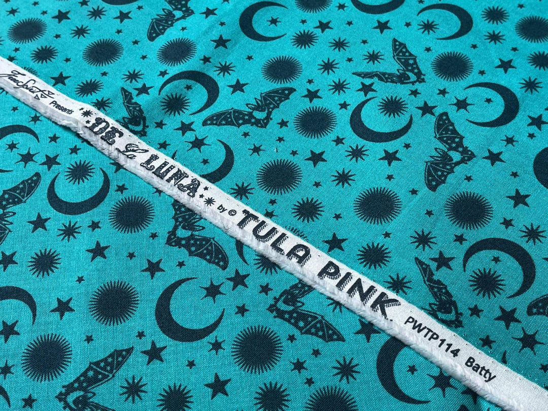 Tula Pink De La Luna Turquoise Star/moon/bat Print Fabric Piece 22.5 X ...