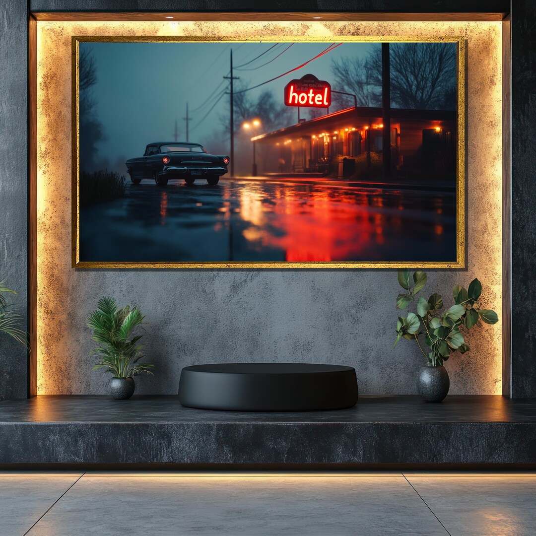 Retro Motel Canvas Painting, Rainy Night Drive Wall Art, Cinematic Car ...