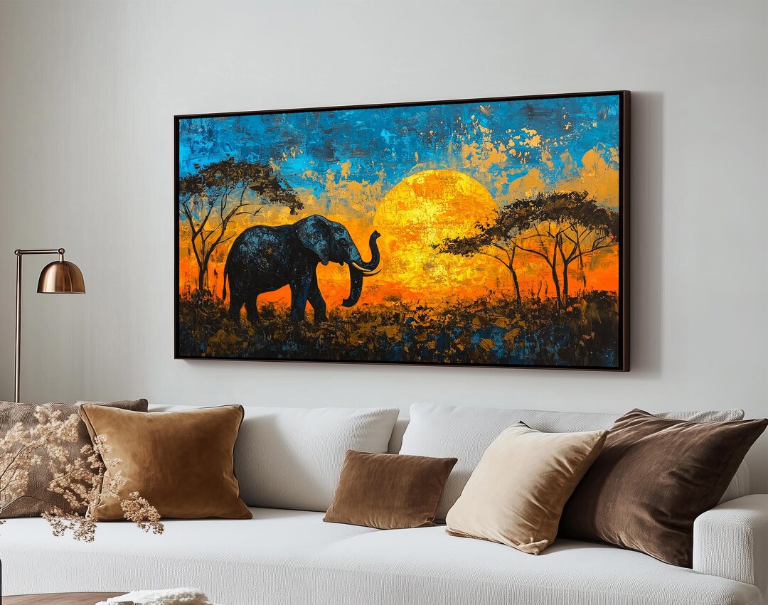 Elephant at Sunset Canvas Painting - Vibrant Wildlife Art Gift for ...