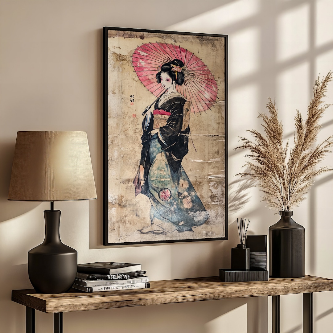 Traditional Edo Period Geisha With Umbrella Canvas Painting, A Classic ...
