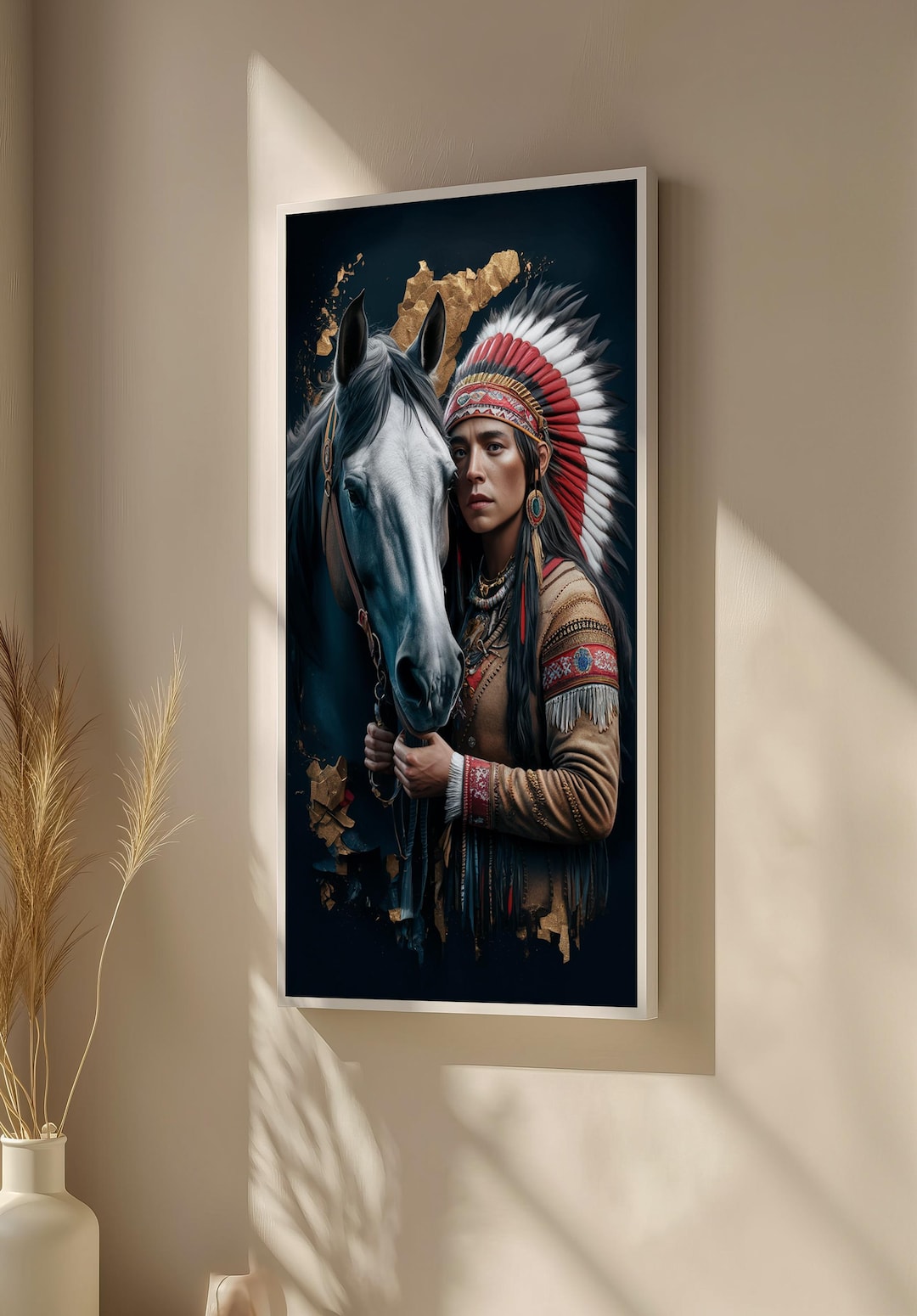 Native American Warrior With Horse Canvas Painting - Bold and Cultural ...