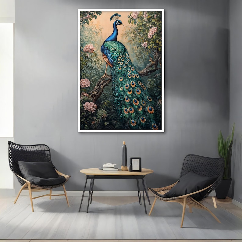 Peacock Canvas Painting – Modern Wall Decor, Framed Wildlife Painting ...
