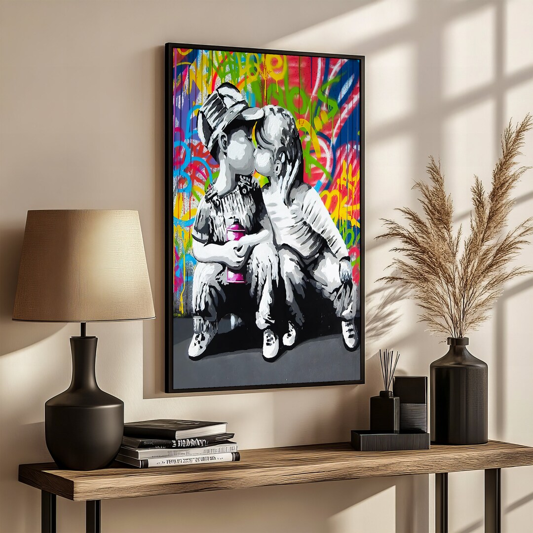 Adorable Street Art Love - Kids Kissing Graffiti Canvas Painting for ...