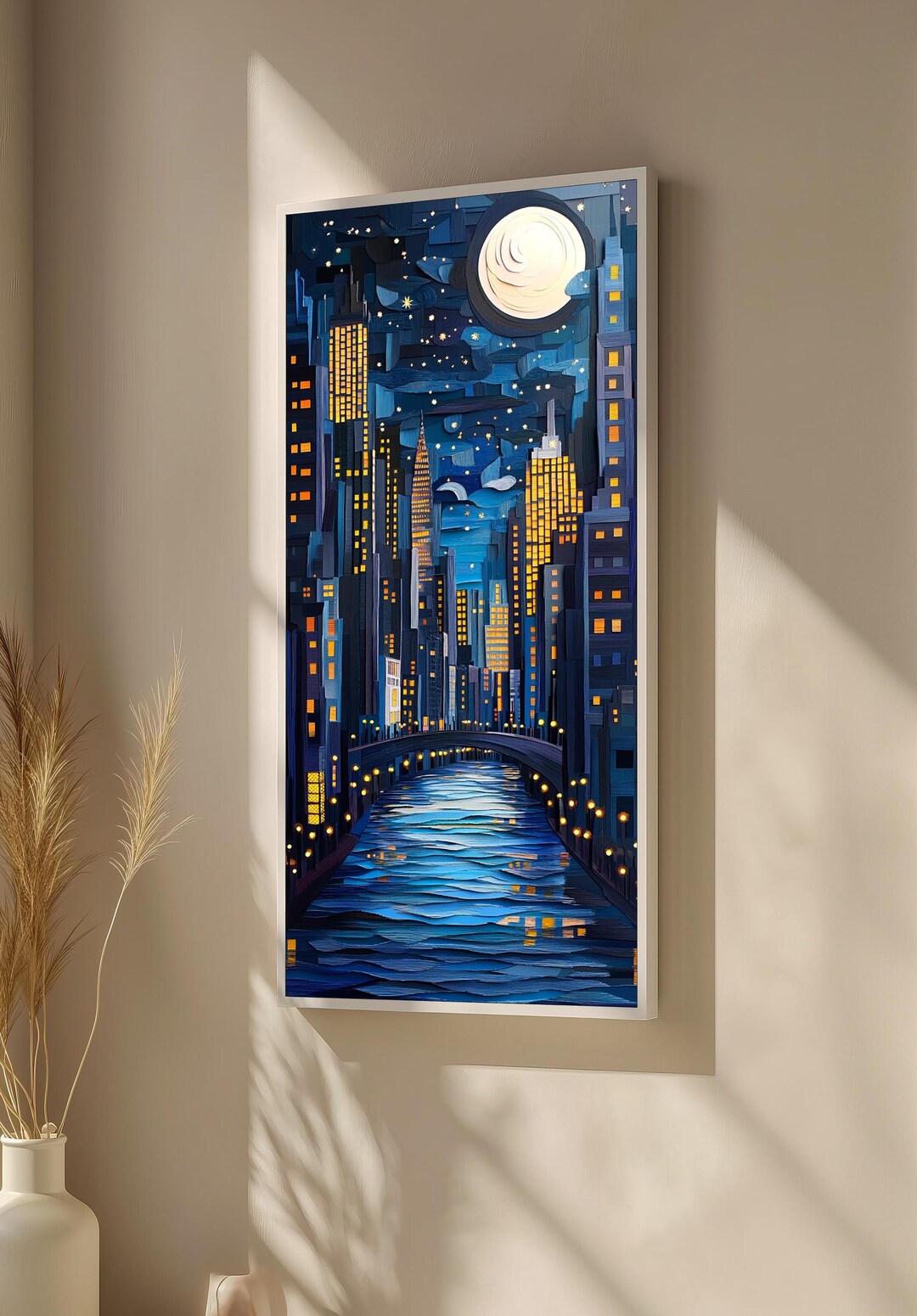 Modern Cityscape Night Canvas Painting - Vibrant Skyline and Moonlit ...