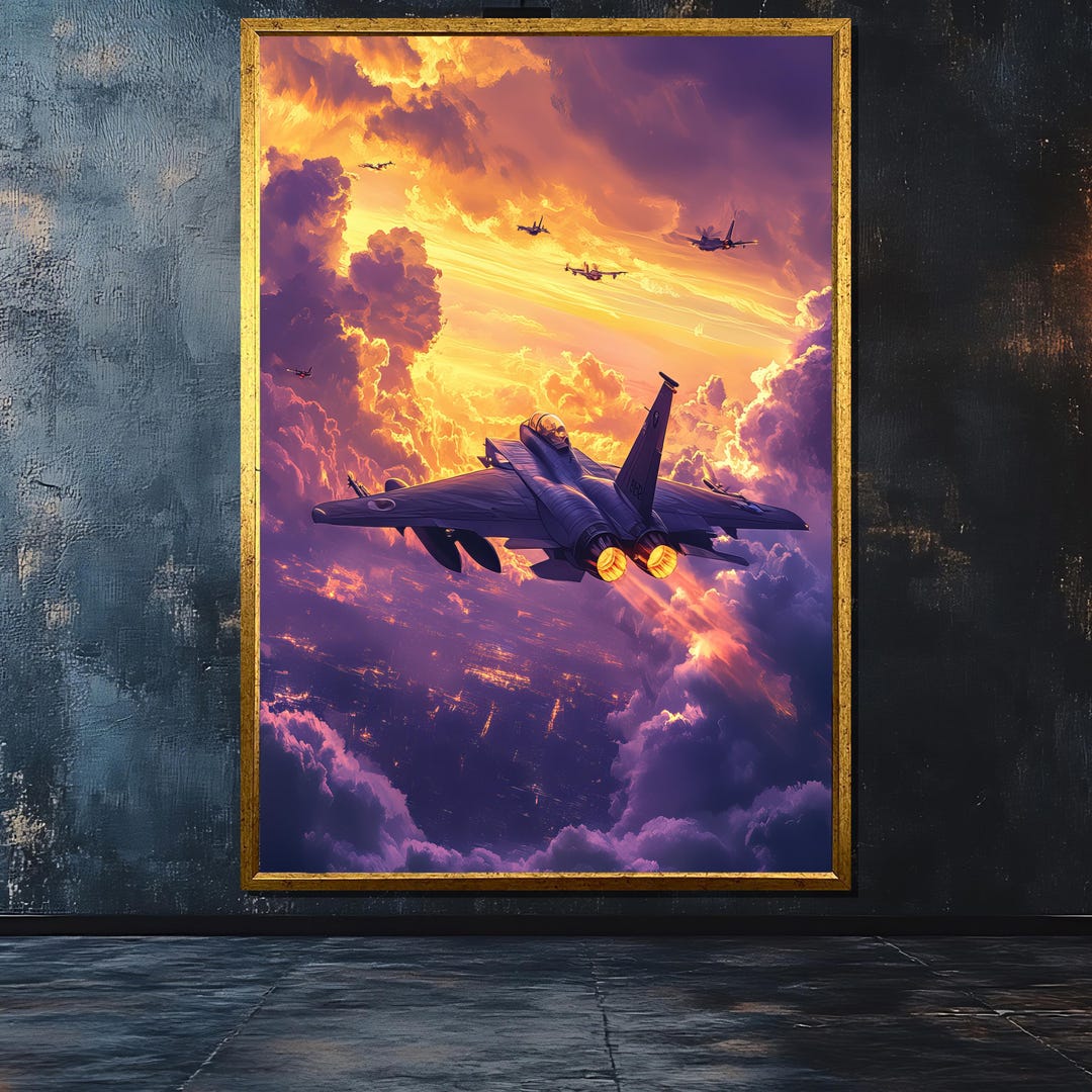 Fighter Jet Canvas Painting, Military Aviation Wall Art, Sunset Sky ...