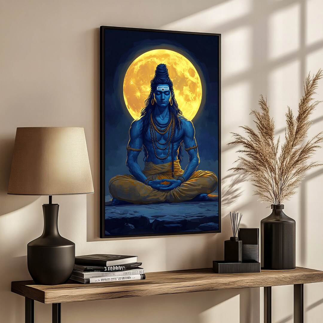 Tranquil Blue Shiva Meditating Under Full Moon Spiritual Canvas ...