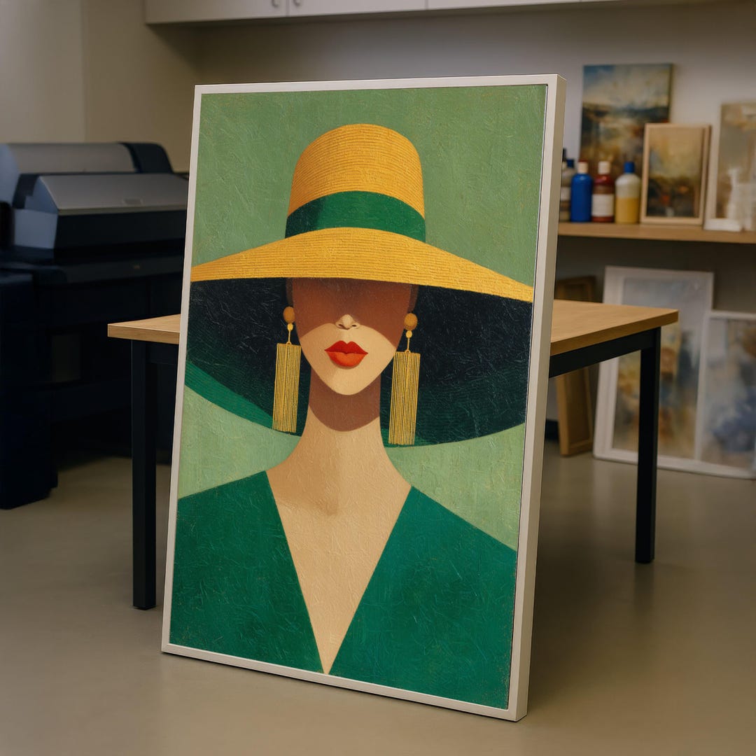 Elegant Woman With Wide Brim Hat Canvas, Modern Portrait Wall Art ...
