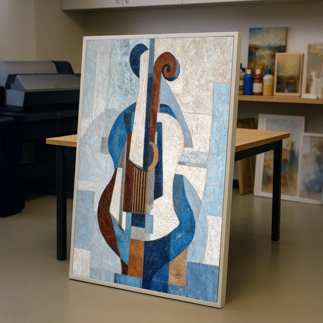 Abstract Guitar Cubism Canvas, Modern Geometric Wall Art, Blue Brown ...