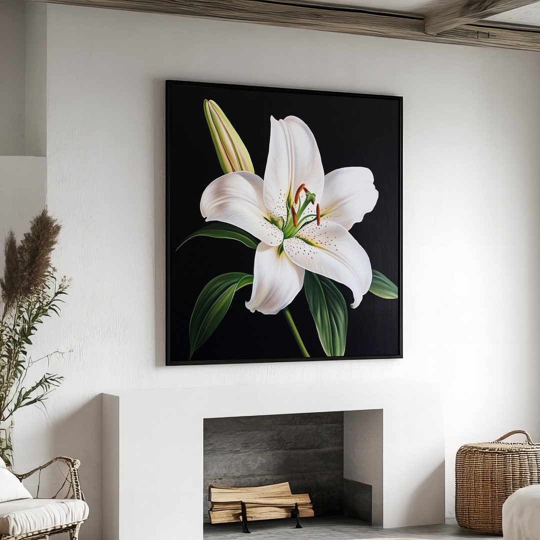 White Lily Canvas Painting on Black Background - Minimalist Floral Art ...