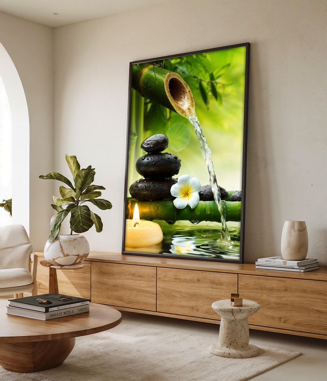 Zen Bamboo Waterfall Canvas Painting – Tranquil Spa Stones & Flower ...