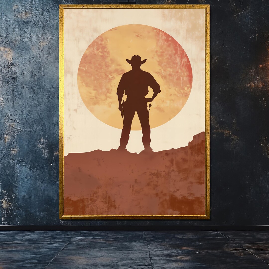 Cowboy Silhouette Canvas Painting, Western Sunset Wall Art, Rustic Home ...