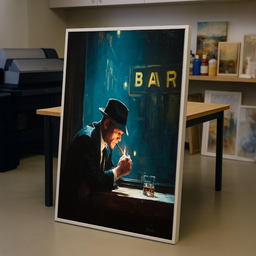 Vintage Bar Scene Canvas, Man Lighting Cigar Wall Art, Noir Style Home ...