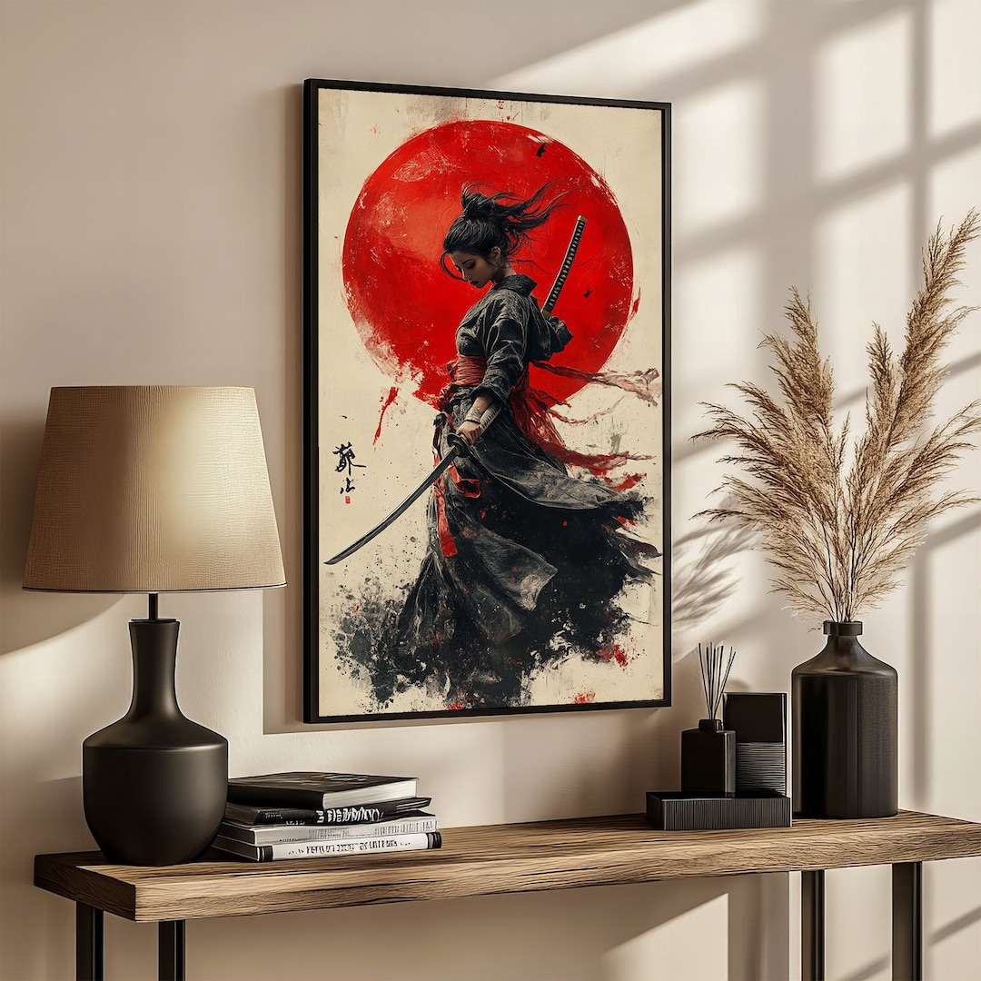 Dynamic Samurai Canvas Painting Gift - Fierce Warrior Woman With Katana ...
