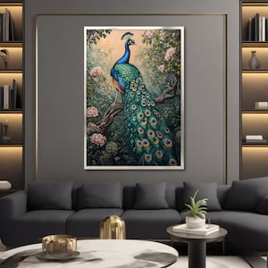 Peacock Canvas Painting – Modern Wall Decor, Framed Wildlife Painting ...