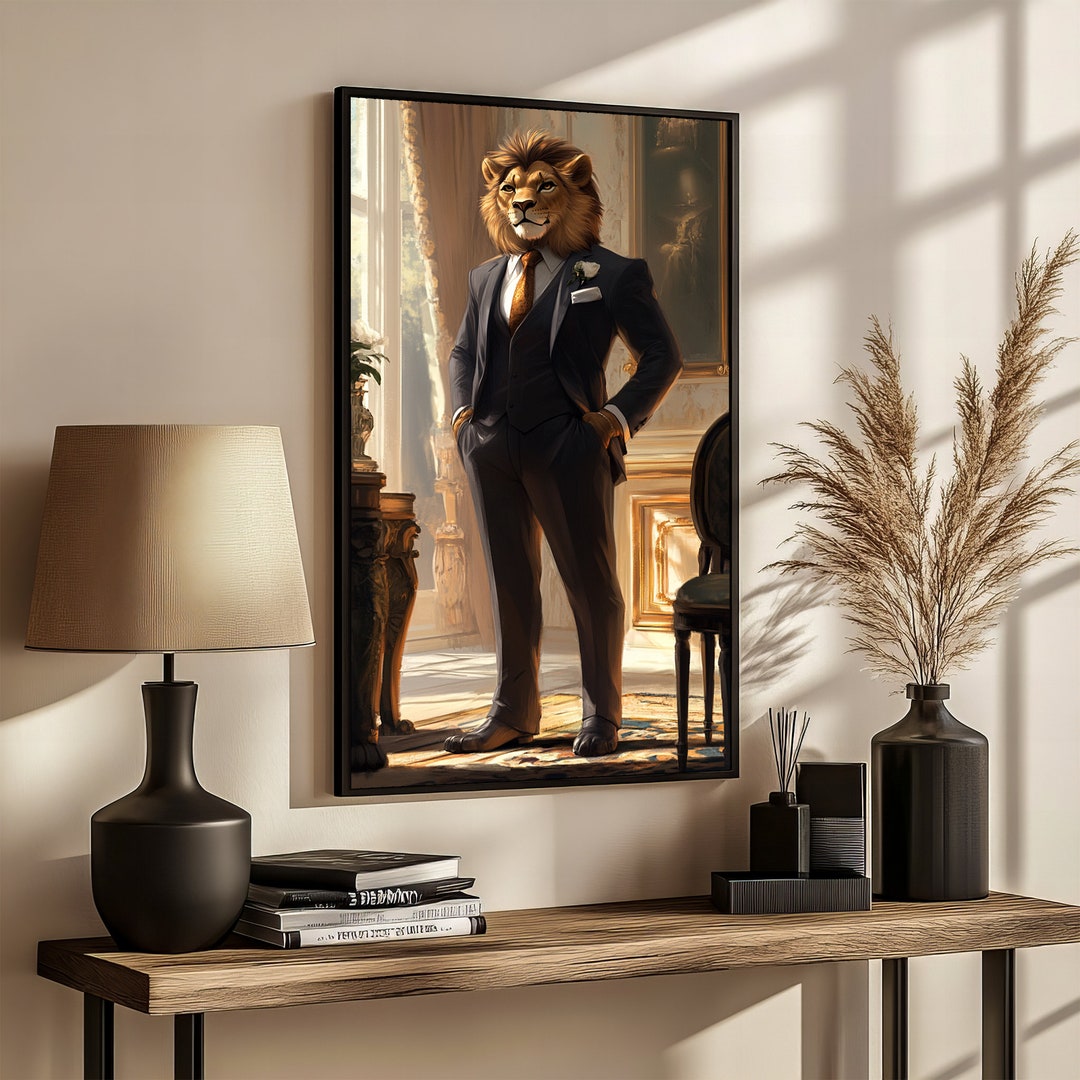 Regal Lion in Suit - A Distinguished Animal Canvas Painting for Unique ...