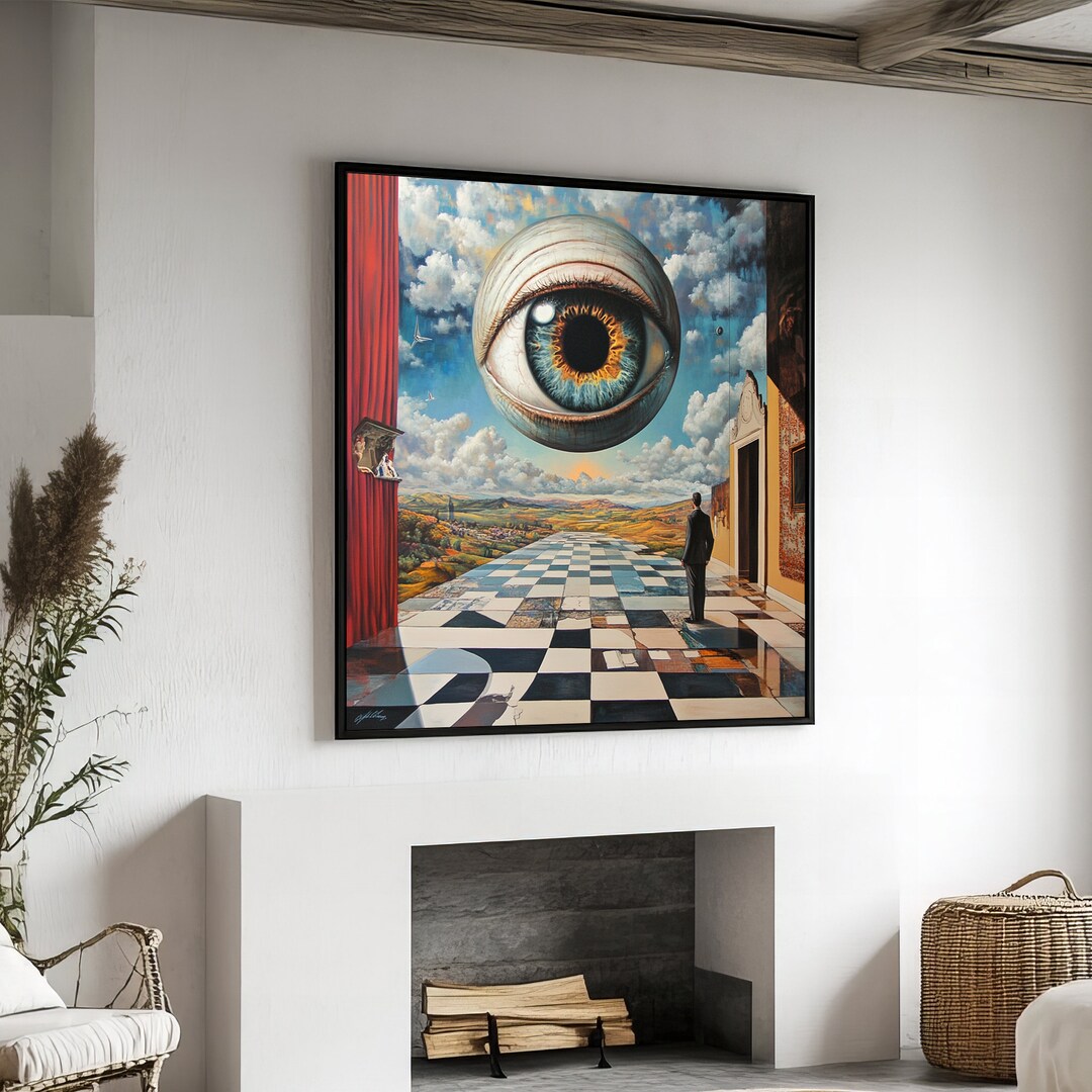 Giant Eye Over Chessboard Landscape Canvas Painting – Surrealist Gift ...