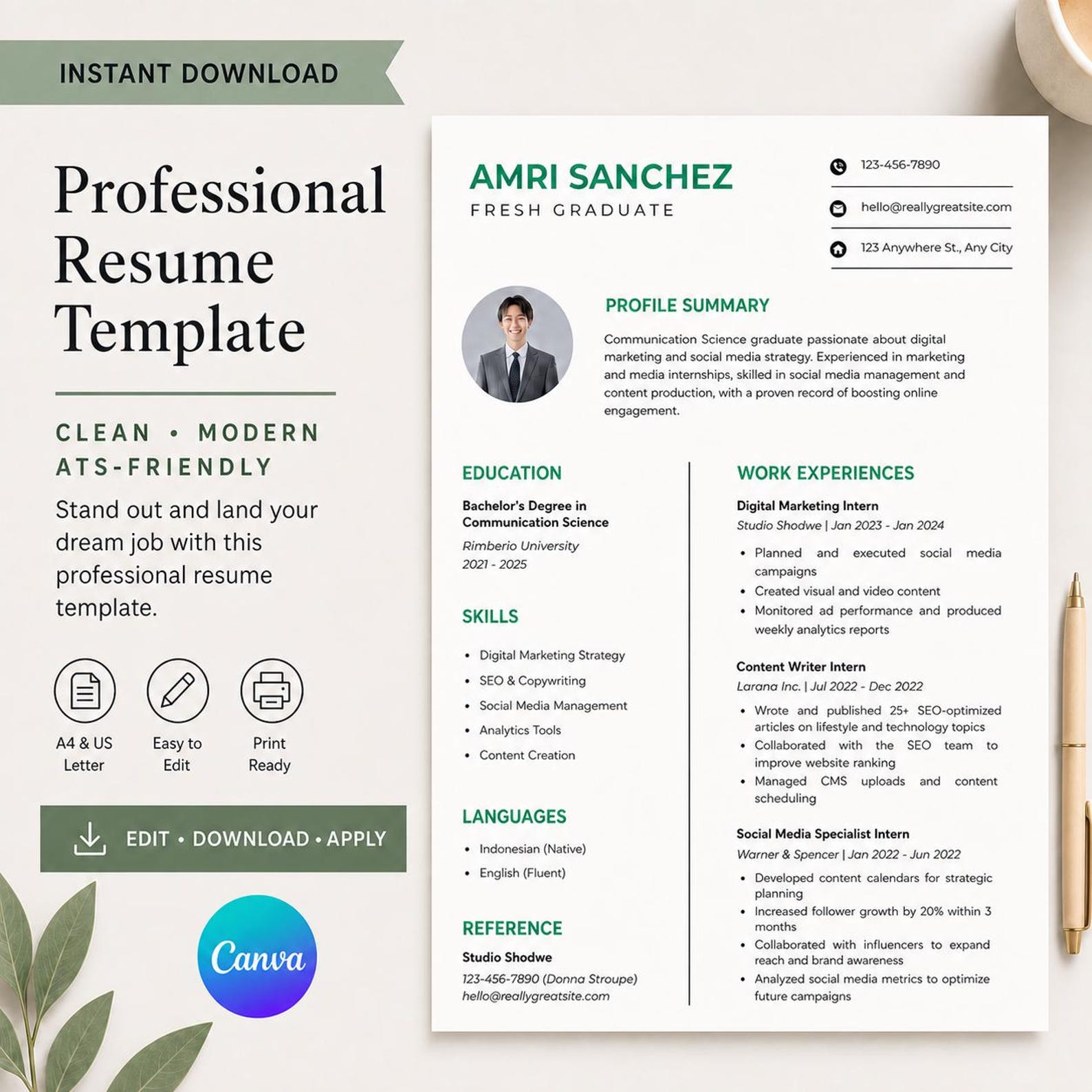 Fresh Graduate Resume Template Canva | Green Black White Modern Resume ...