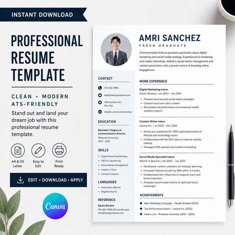 Fresh Graduate Resume Template Canva | Green Black White Modern Resume ...