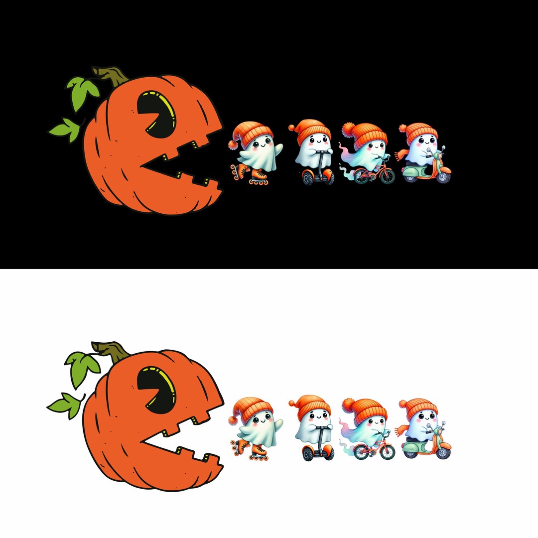 Retro Halloween PNG & SVG: Pac-man Pumpkin Chasing Cute Ghosts ...