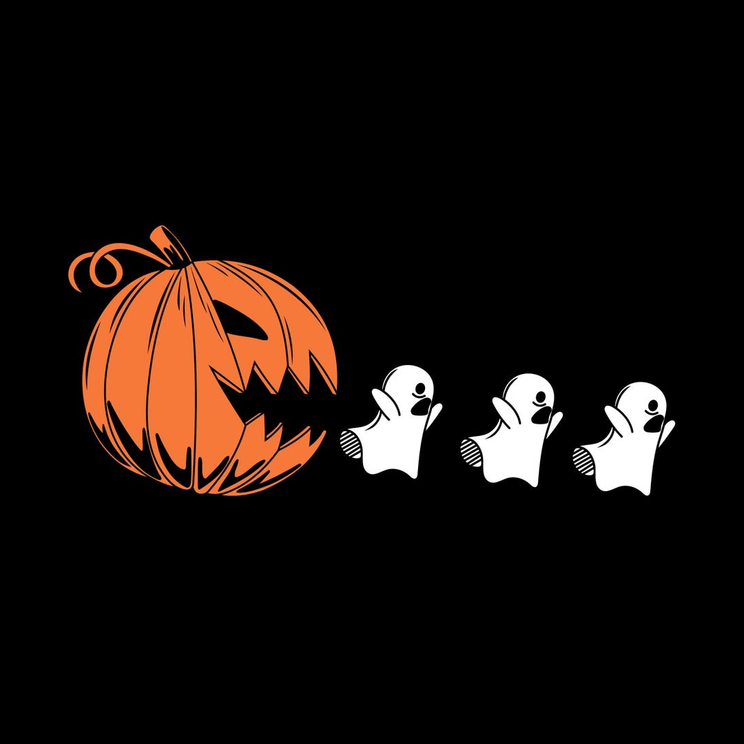 Retro Halloween PNG: Pac-man Pumpkin Chasing Ghosts Perfect for ...