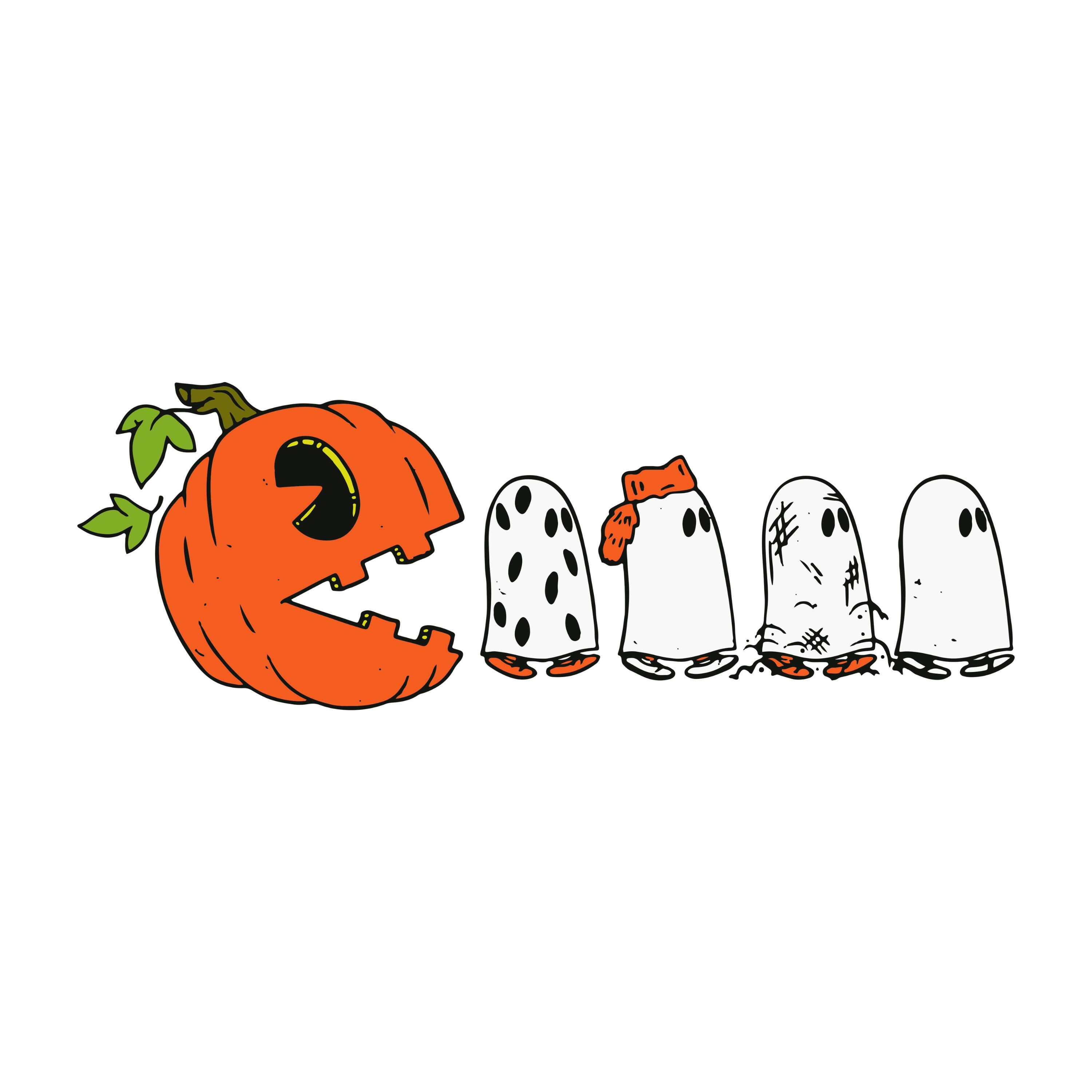Retro Halloween PNG: Pac-man Pumpkin Chasing Ghosts – Perfect for ...