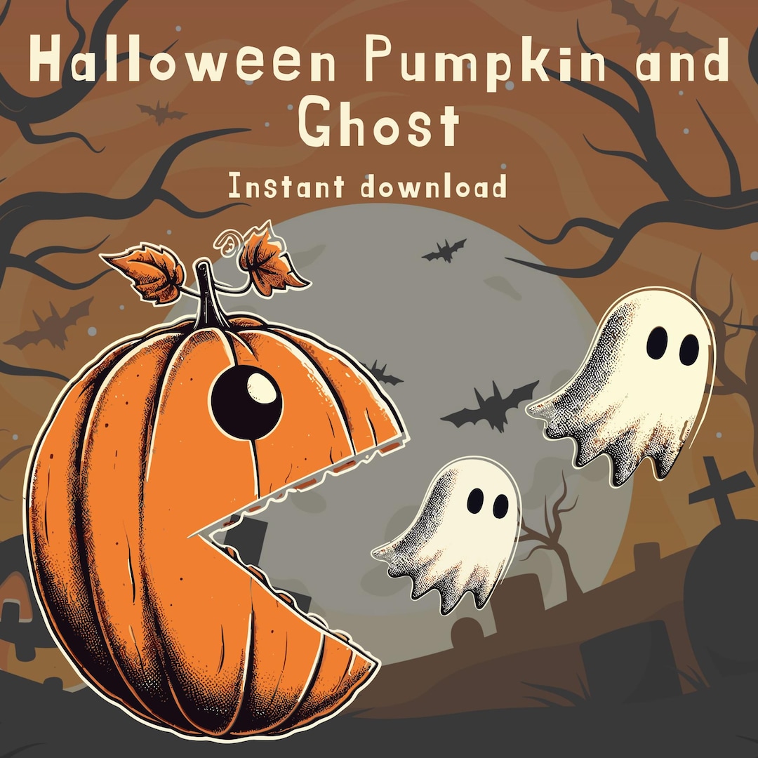 Retro Halloween PNG: Pac-man Pumpkin Chasing Ghosts Perfect for ...