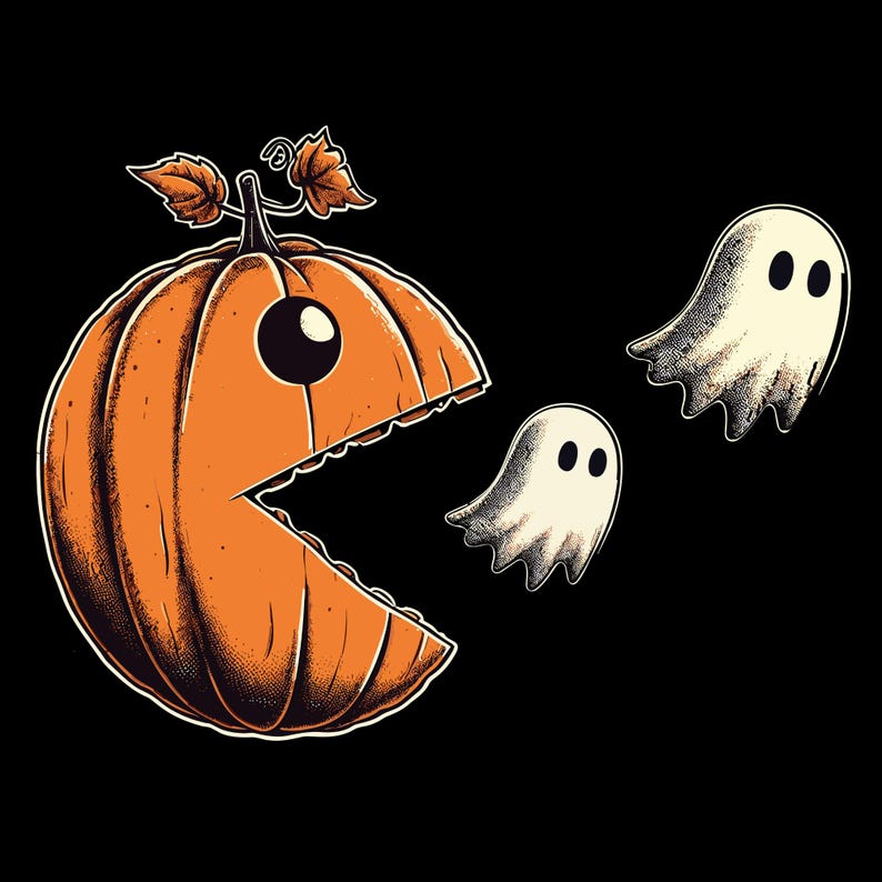 Retro Halloween PNG: Pac-man Pumpkin Chasing Ghosts Perfect for ...