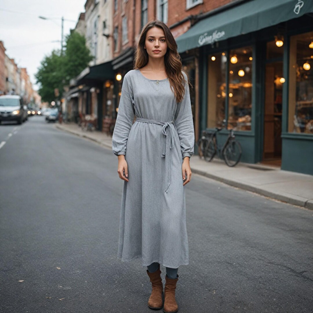 Medieval Gray Midi Dress | Belted Long Sleeve Tunic | Casual Women’s ...