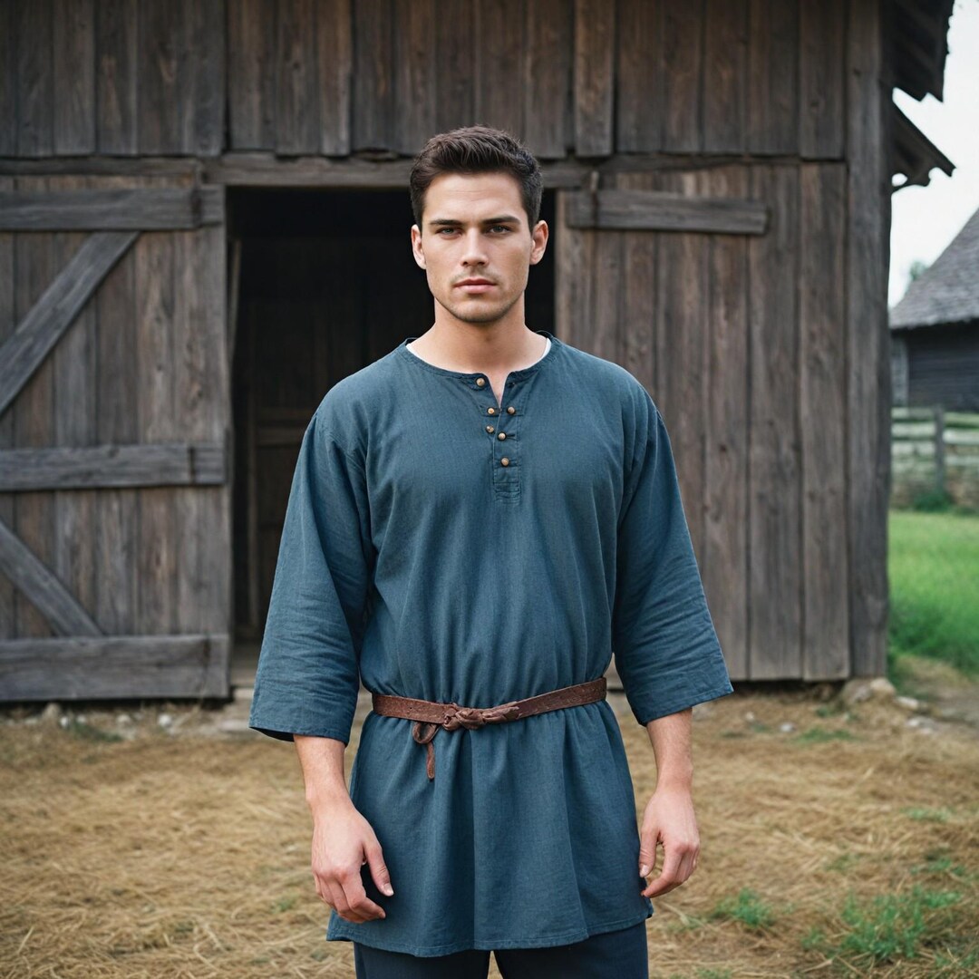 Blue Medieval Tunic for Men's | Knee-length Buttoned Neckline Design ...