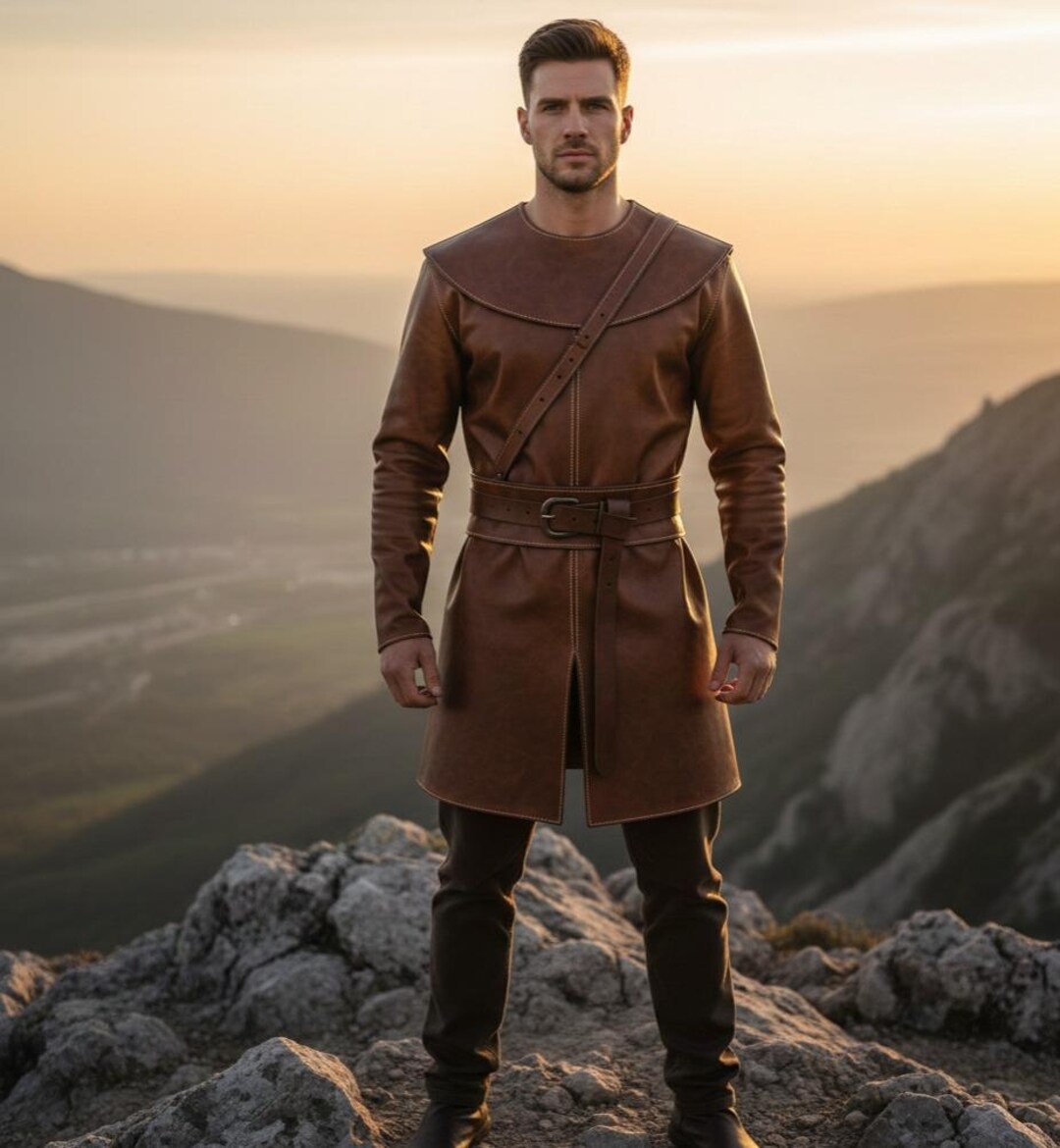 Men's Brown Sheep Leather Medieval Coat | Fantasy Tunic With Shoulder ...