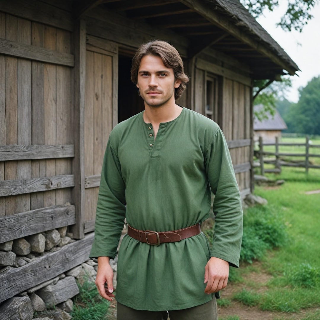 Green Medieval Tunic for Men's | Featuring Buttoned Neckline and Long ...