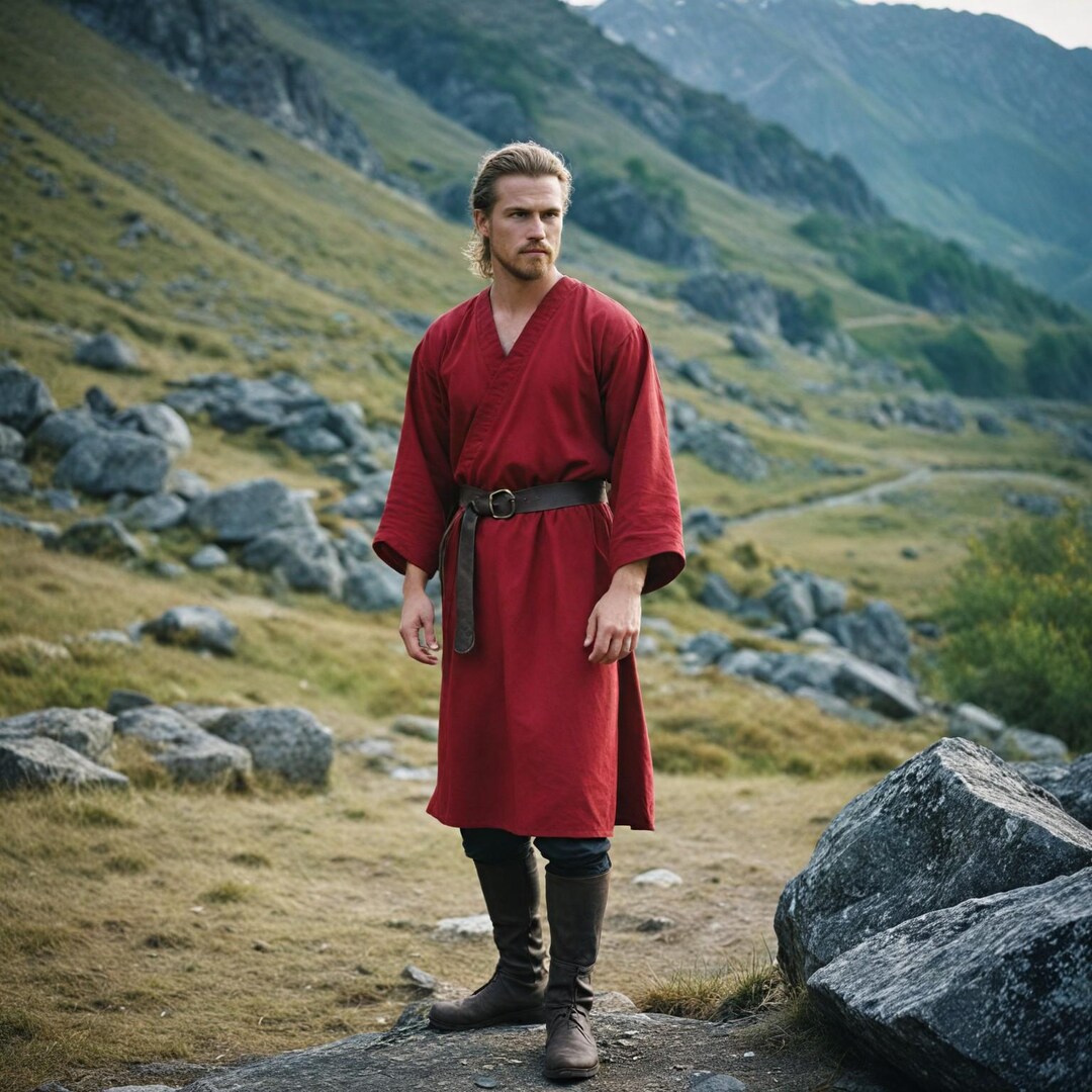 Men Red Medieval Tunic | Vintage Style Belted Waist Tunic for Him ...