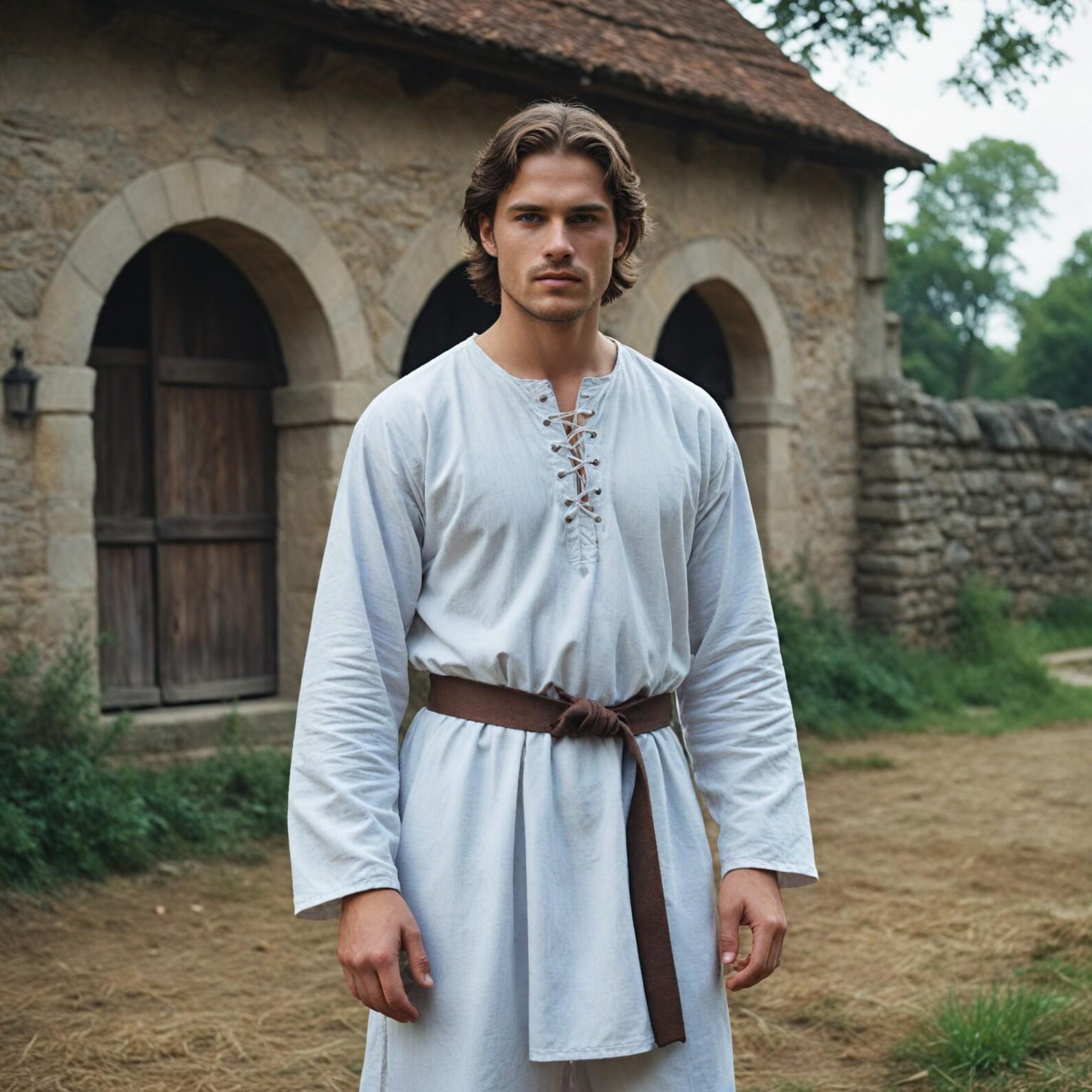 White Medieval Tunic | Renaissance Tunic With Lace-up Neckline | Long ...