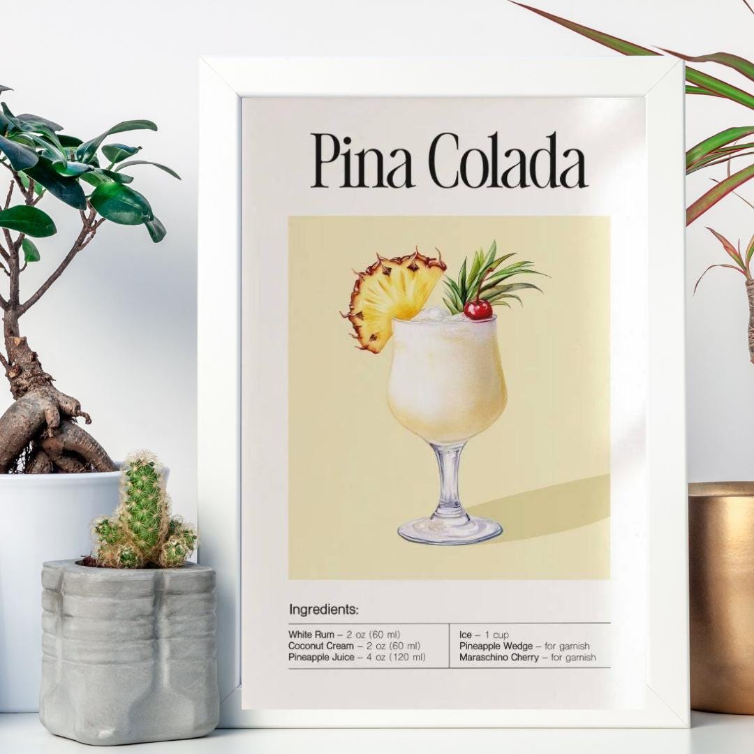 Pina Colada Cocktail Recipe Poster, Tropical Kitchen Wall Art, Beach ...