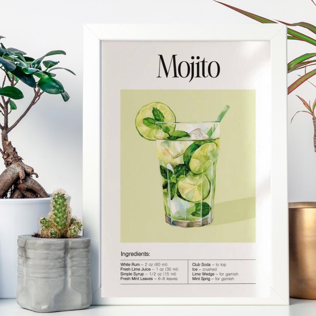 Mojito Cocktail Recipe Poster, Mint Green Kitchen Wall Art, Home Bar ...