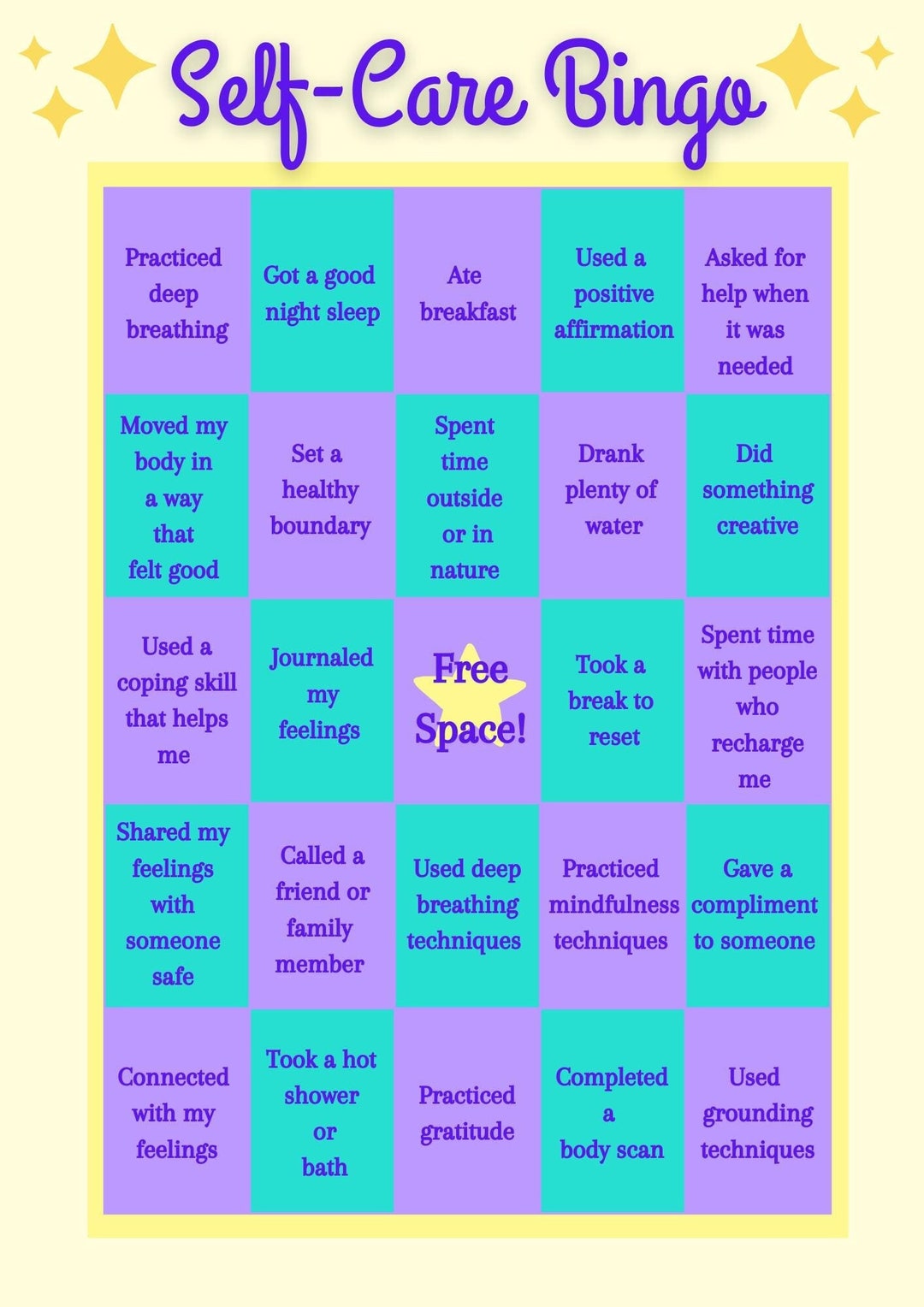 Self-care Bingo Sheet - Etsy