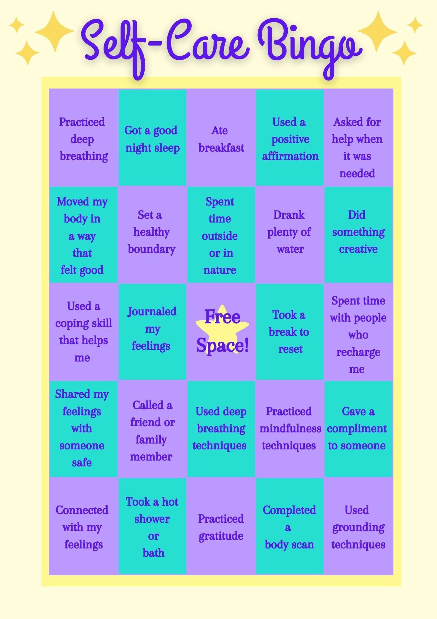 Self-care Bingo Sheet - Etsy