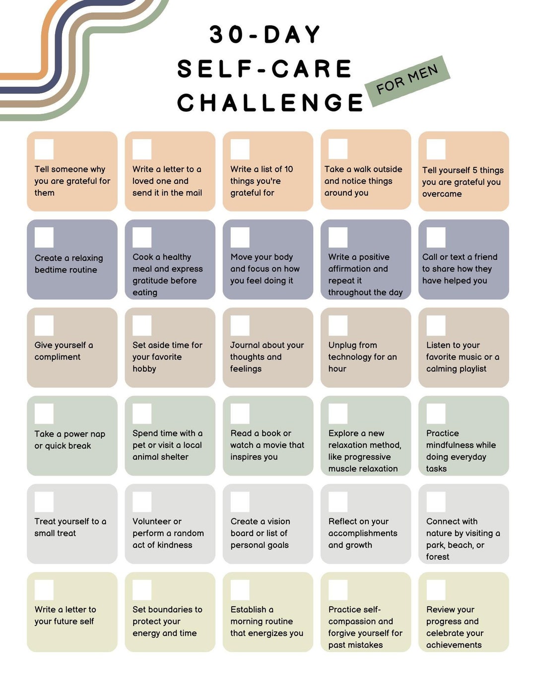 30 Day Self-care Challenge for Men - Etsy
