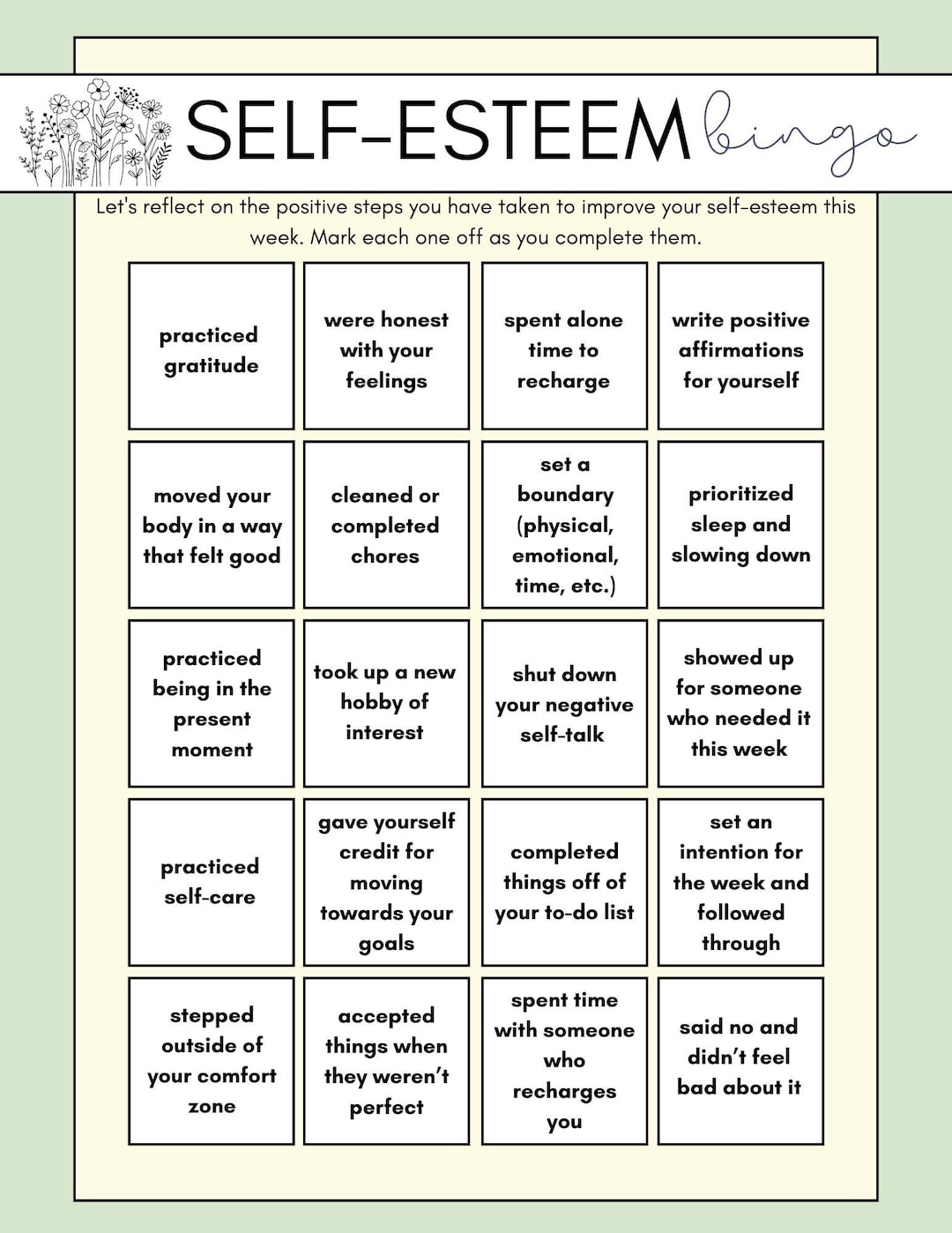 Self-esteem Bingo - Etsy