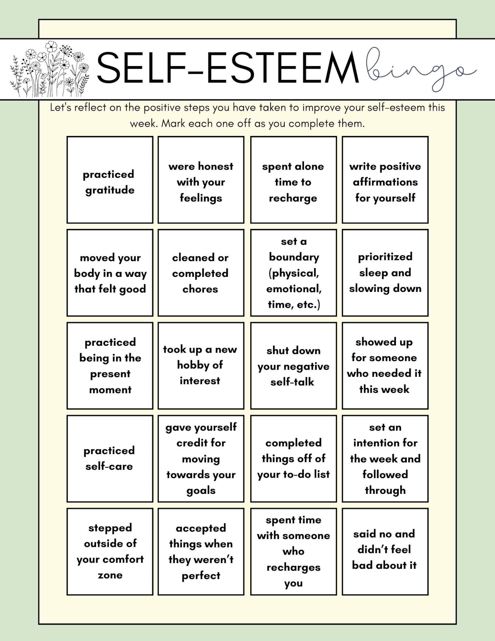 Self-esteem Bingo - Etsy