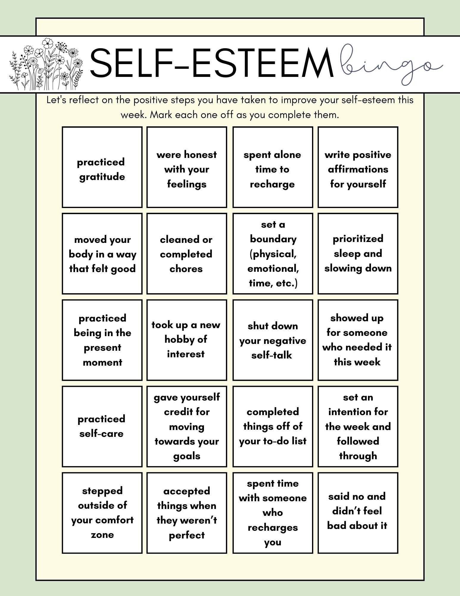 Self-esteem Bingo - Etsy