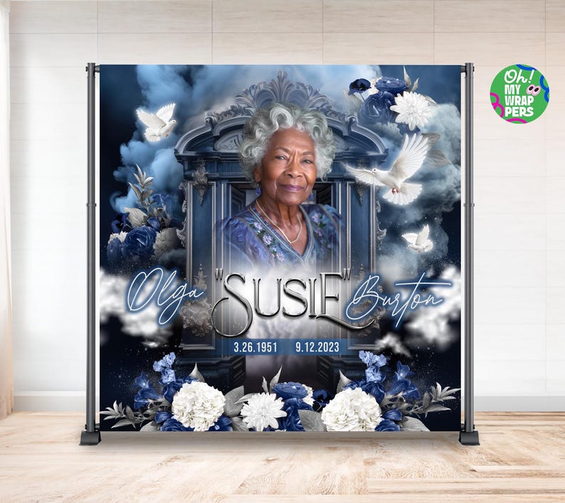 Heavenly Funeral Backdrop, Blue and Silver Memorial, Celebration of ...
